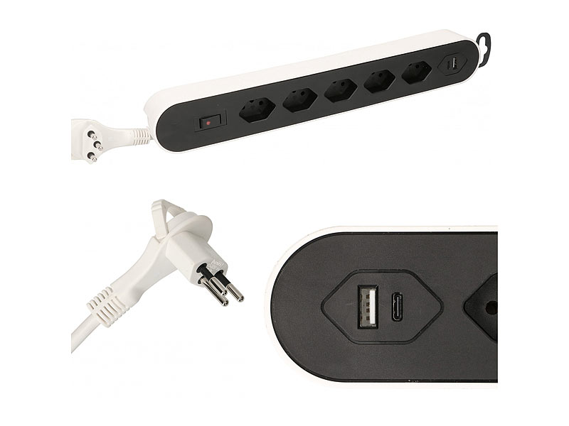 Steckdosenleiste, 5 x T13, 1 USB Typ A, 1 USB Typ C, weiss und schwarz