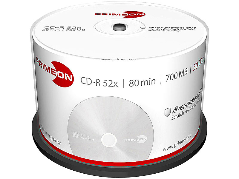 PRIMEON CD-R, 700 MB, 52x, kratzfest, 50er-Box