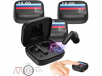 auvisio Kopfhörer mit Equalizer: 4er-Set Kabellose In-Ear-Kopfhörer mit Touchscreen-Ladecase ...